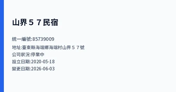 山界57民宿的照片-統編 85739009(臺東縣) 公司登記資料與營業項目詳細圖表