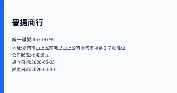 晉揚商行的照片-統編 85739795(臺南市) 公司登記資料與營業項目詳細圖表