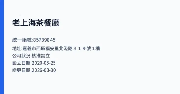 老上海茶餐廳的照片-統編 85739845(嘉義市) 公司登記資料與營業項目詳細圖表