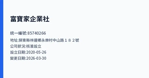 富寶家企業社的照片-統編 85740266(屏東縣) 公司登記資料與營業項目詳細圖表