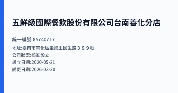 五鮮級國際餐飲股份有限公司台南善化分店的照片-統編 85740717(臺南市) 公司登記資料與營業項目詳細圖表
