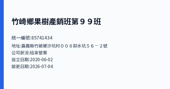竹崎鄉果樹產銷班第99班的照片-統編 85741434(嘉義縣) 公司登記資料與營業項目詳細圖表