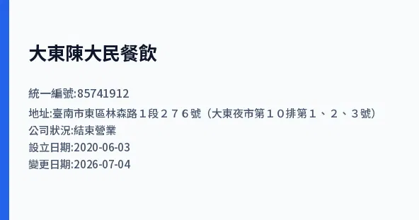 大東陳大民餐飲的照片-統編 85741912(臺南市) 公司登記資料與營業項目詳細圖表