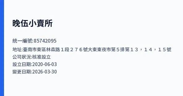 晚伍小賣所的照片-統編 85742095(臺南市) 公司登記資料與營業項目詳細圖表