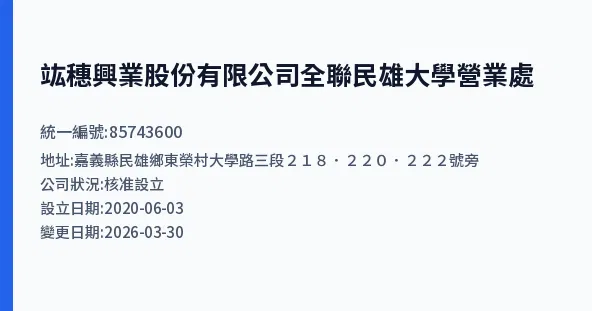 竑穗興業股份有限公司全聯民雄大學營業處的照片-統編 85743600(嘉義縣) 公司登記資料與營業項目詳細圖表