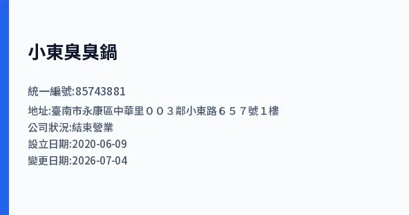 小東臭臭鍋的照片-統編 85743881(臺南市) 公司登記資料與營業項目詳細圖表