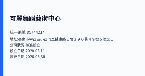 可麗舞蹈藝術中心的照片-統編 85744214(臺南市) 公司登記資料與營業項目詳細圖表