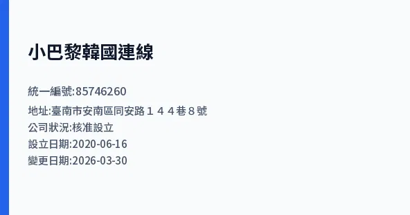 小巴黎韓國連線的照片-統編 85746260(臺南市) 公司登記資料與營業項目詳細圖表