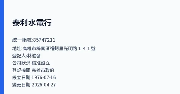泰利水電行的照片-統編 85747211(高雄市) 公司登記資料與營業項目詳細圖表