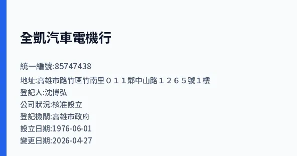 全凱汽車電機行的照片-統編 85747438(高雄市) 公司登記資料與營業項目詳細圖表