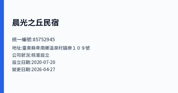 晨光之丘民宿的照片-統編 85752945(臺東縣) 公司登記資料與營業項目詳細圖表