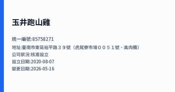 玉井跑山雞的照片-統編 85758271(臺南市) 公司登記資料與營業項目詳細圖表