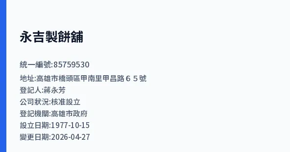 永吉製餅舖的照片-統編 85759530(高雄市) 公司登記資料與營業項目詳細圖表