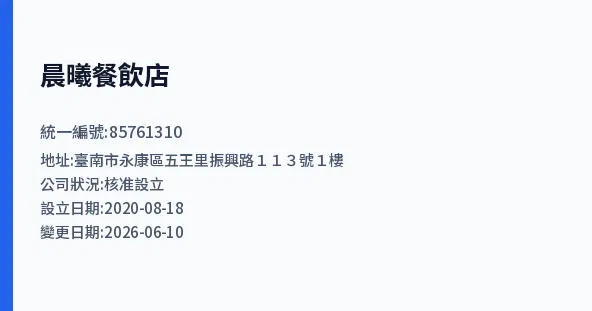 晨曦餐飲店的照片-統編 85761310(臺南市) 公司登記資料與營業項目詳細圖表