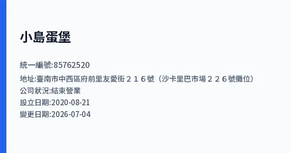 小島蛋堡的照片-統編 85762520(臺南市) 公司登記資料與營業項目詳細圖表