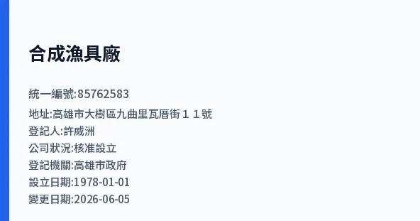 合成漁具廠的照片-統編 85762583(高雄市) 公司登記資料與營業項目詳細圖表