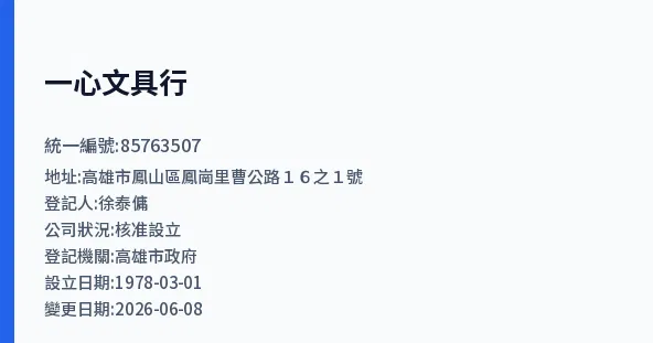 一心文具行的照片-統編 85763507(高雄市) 公司登記資料與營業項目詳細圖表