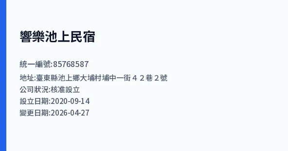 響樂池上民宿的照片-統編 85768587(臺東縣) 公司登記資料與營業項目詳細圖表
