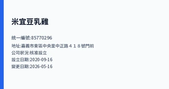 米宜豆乳雞的照片-統編 85770296(嘉義市) 公司登記資料與營業項目詳細圖表