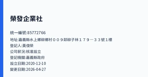 榮發企業社的照片-統編 85772766(嘉義縣) 公司登記資料與營業項目詳細圖表