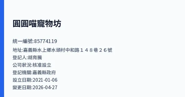 圓圓喵寵物坊的照片-統編 85774119(嘉義縣) 公司登記資料與營業項目詳細圖表