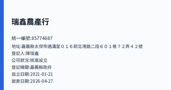 瑞鑫農產行的照片-統編 85774687(嘉義縣) 公司登記資料與營業項目詳細圖表