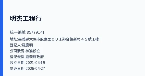 明杰工程行的照片-統編 85779141(嘉義縣) 公司登記資料與營業項目詳細圖表