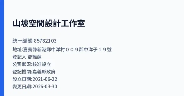 山坡空間設計工作室的照片-統編 85782103(嘉義縣) 公司登記資料與營業項目詳細圖表