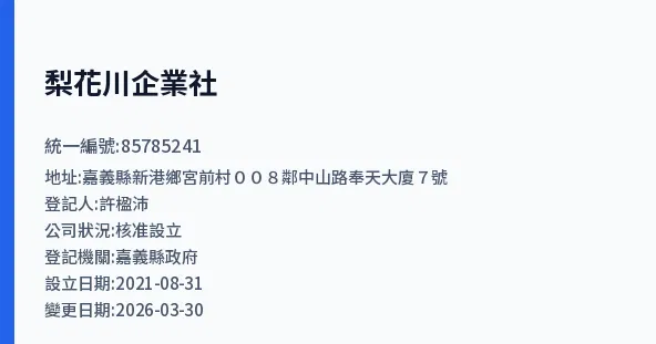 梨花川企業社的照片-統編 85785241(嘉義縣) 公司登記資料與營業項目詳細圖表