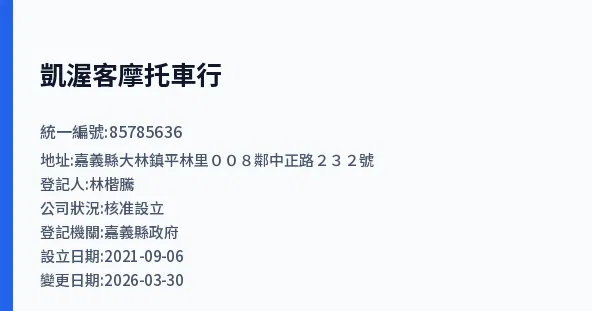 凱渥客摩托車行的照片-統編 85785636(嘉義縣) 公司登記資料與營業項目詳細圖表