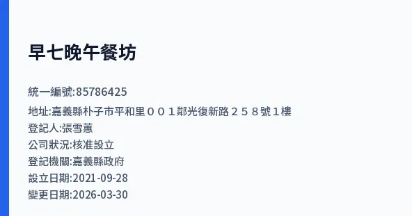 早七晚午餐坊的照片-統編 85786425(嘉義縣) 公司登記資料與營業項目詳細圖表