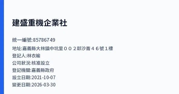 建盛重機企業社的照片-統編 85786749(嘉義縣) 公司登記資料與營業項目詳細圖表