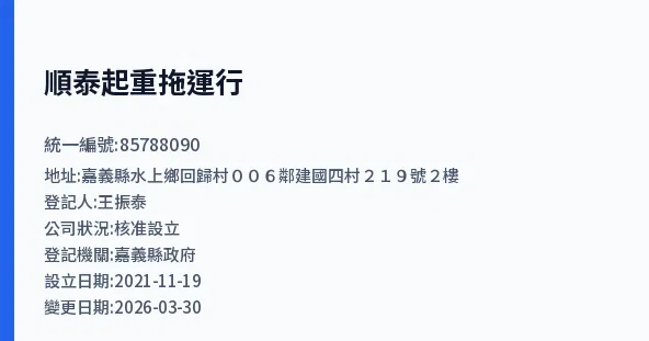 順泰起重拖運行的照片-統編 85788090(嘉義縣) 公司登記資料與營業項目詳細圖表