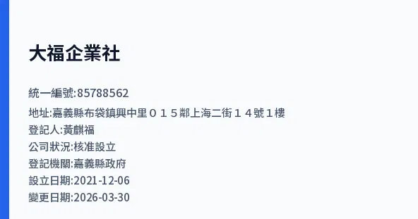 大福企業社的照片-統編 85788562(嘉義縣) 公司登記資料與營業項目詳細圖表