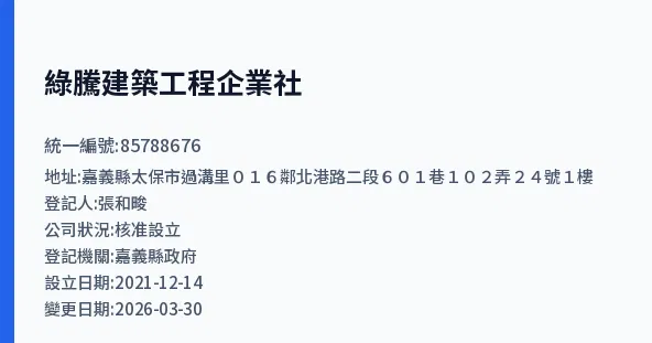 綠騰建築工程企業社的照片-統編 85788676(嘉義縣) 公司登記資料與營業項目詳細圖表