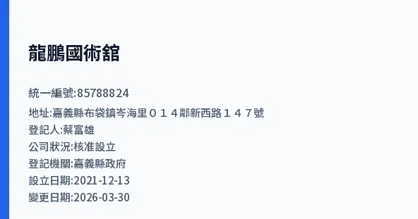 龍鵬國術舘的照片-統編 85788824(嘉義縣) 公司登記資料與營業項目詳細圖表