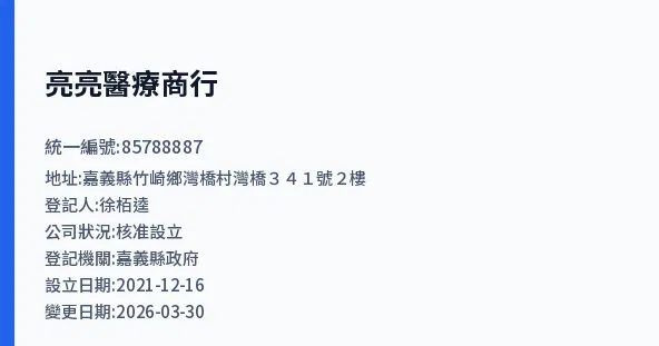 亮亮醫療商行的照片-統編 85788887(嘉義縣) 公司登記資料與營業項目詳細圖表