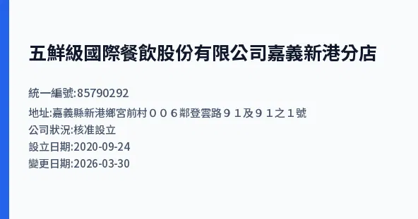 五鮮級國際餐飲股份有限公司嘉義新港分店的照片-統編 85790292(嘉義縣) 公司登記資料與營業項目詳細圖表