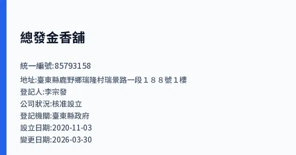 總發金香舖的照片-統編 85793158(臺東縣) 公司登記資料與營業項目詳細圖表