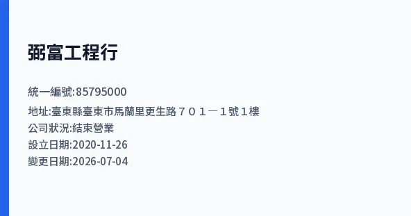 弼富工程行的照片-統編 85795000(臺東縣) 公司登記資料與營業項目詳細圖表