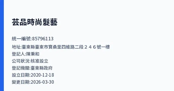 芸品時尚髮藝的照片-統編 85796113(臺東縣) 公司登記資料與營業項目詳細圖表