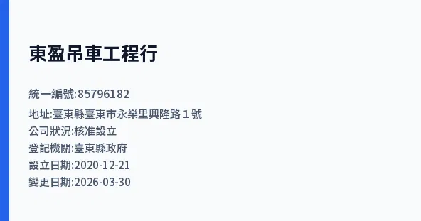 東盈吊車工程行的照片-統編 85796182(臺東縣) 公司登記資料與營業項目詳細圖表