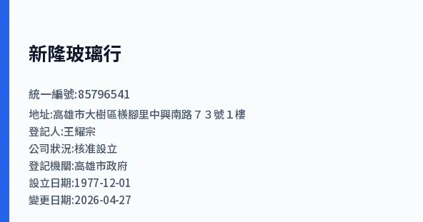 新隆玻璃行的照片-統編 85796541(高雄市) 公司登記資料與營業項目詳細圖表