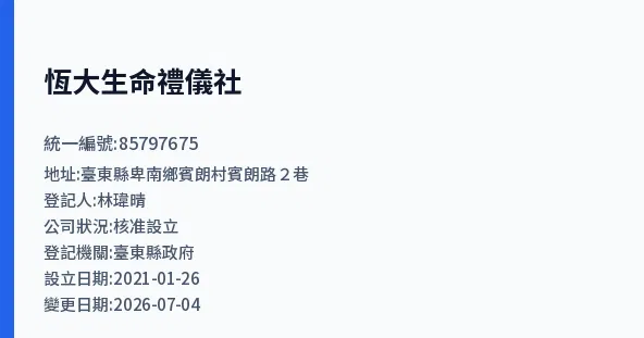 恆大生命禮儀社的照片-統編 85797675(臺東縣) 公司登記資料與營業項目詳細圖表
