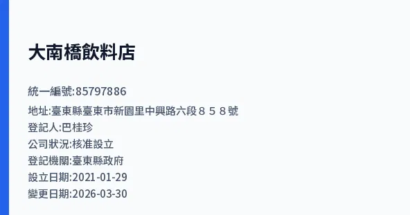 大南橋飲料店的照片-統編 85797886(臺東縣) 公司登記資料與營業項目詳細圖表