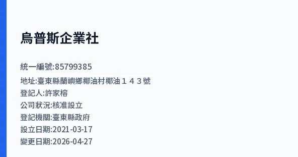 烏普斯企業社的照片-統編 85799385(臺東縣) 公司登記資料與營業項目詳細圖表