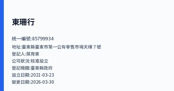 東珊行的照片-統編 85799934(臺東縣) 公司登記資料與營業項目詳細圖表