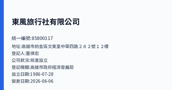 東風旅行社有限公司的照片-統編 85800117(高雄市) 公司登記資料與營業項目詳細圖表