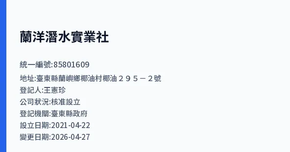 蘭洋潛水實業社的照片-統編 85801609(臺東縣) 公司登記資料與營業項目詳細圖表