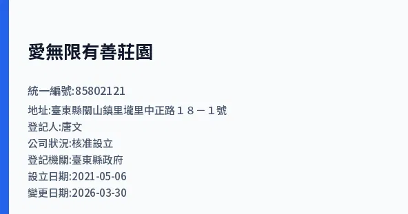 愛無限有善莊園的照片-統編 85802121(臺東縣) 公司登記資料與營業項目詳細圖表